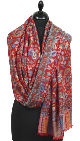 Étole cachemire rouge motif floral pour femme | Fleur du Népal